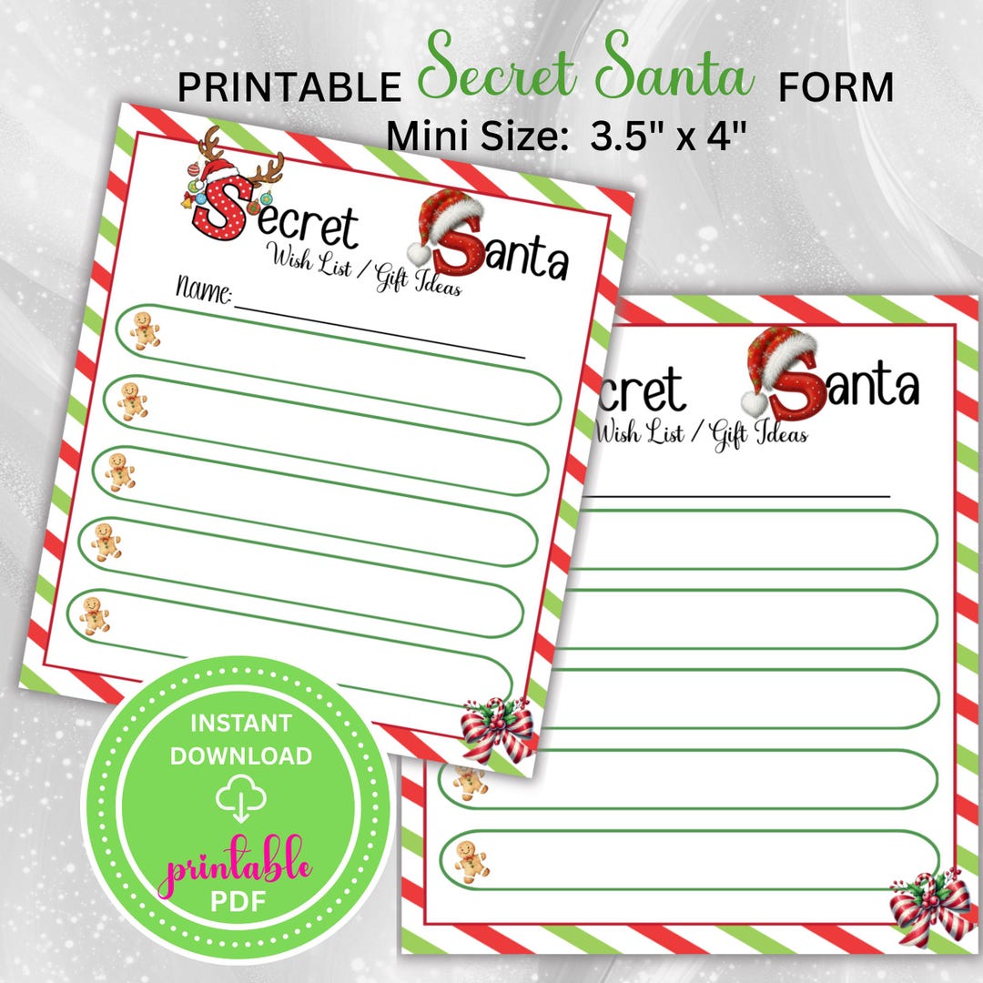 Printable Secret Santa Mini Questionnaire & Name Draw Cards, Christmas ...