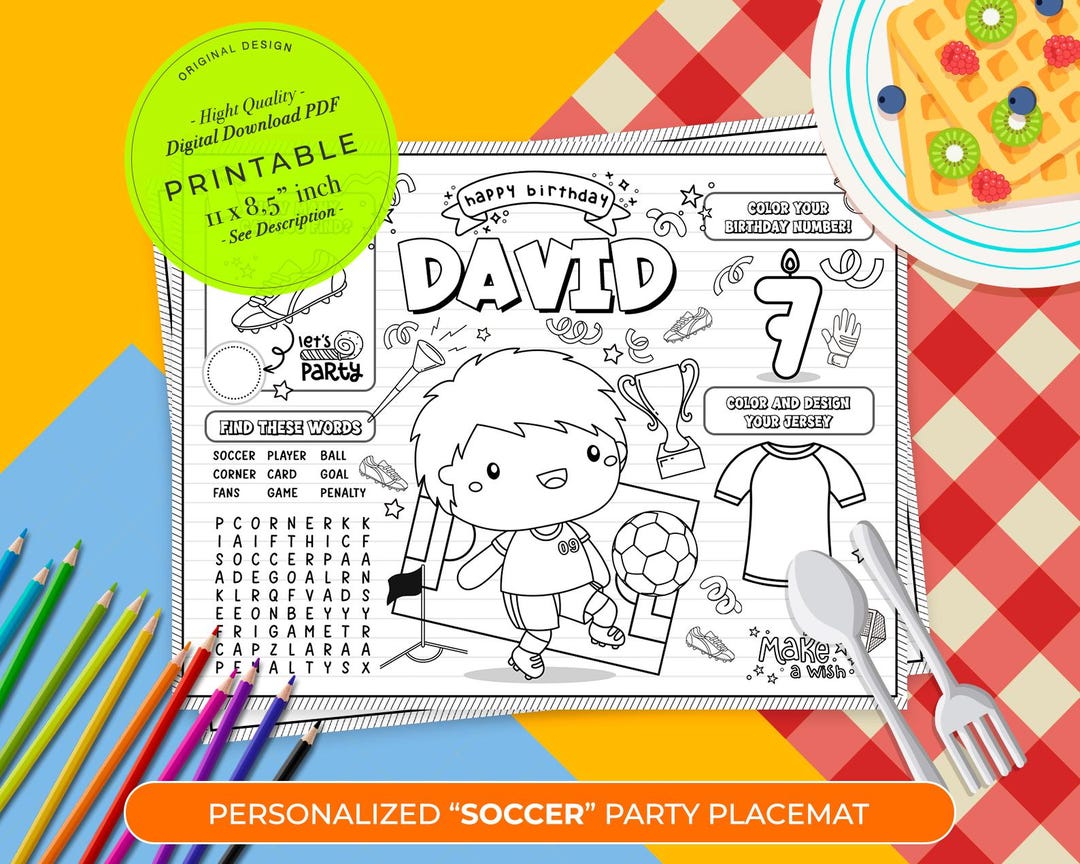 Editable Soccer Party Placemat | Soccer Coloring Placemat Digital ...