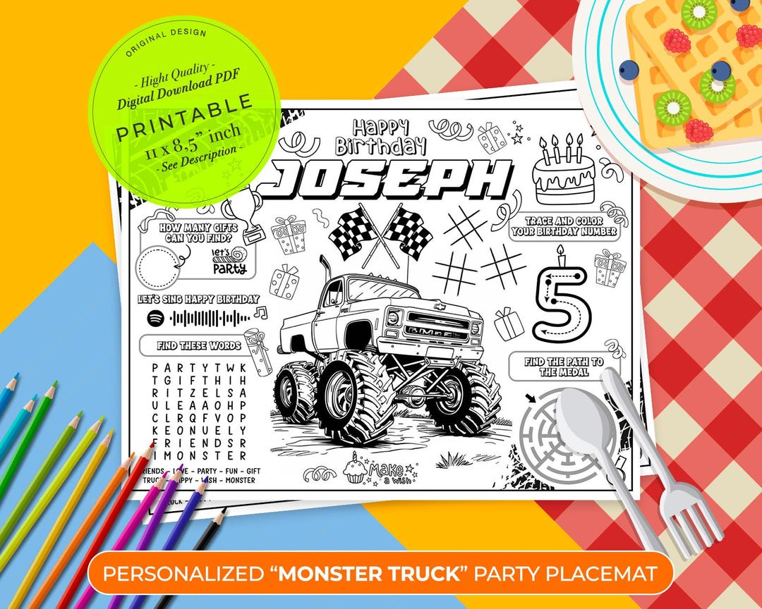 Hot Monster Truck Party Placemat | Wheels Activity Sheet | Hot Race ...