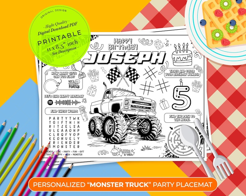 Hot Monster Truck Party Placemat | Wheels Activity Sheet | Hot Race ...