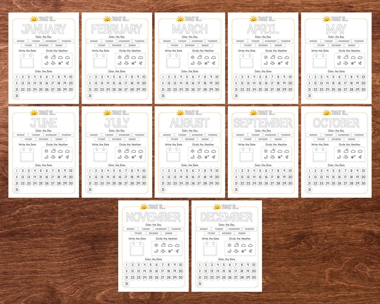 12 Printable Preschool Calendar Worksheet Pages, Monthly Digital ...