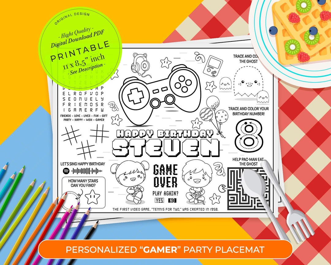 Video Game Birthday Coloring Placemat | Party Games Children | Activity ...