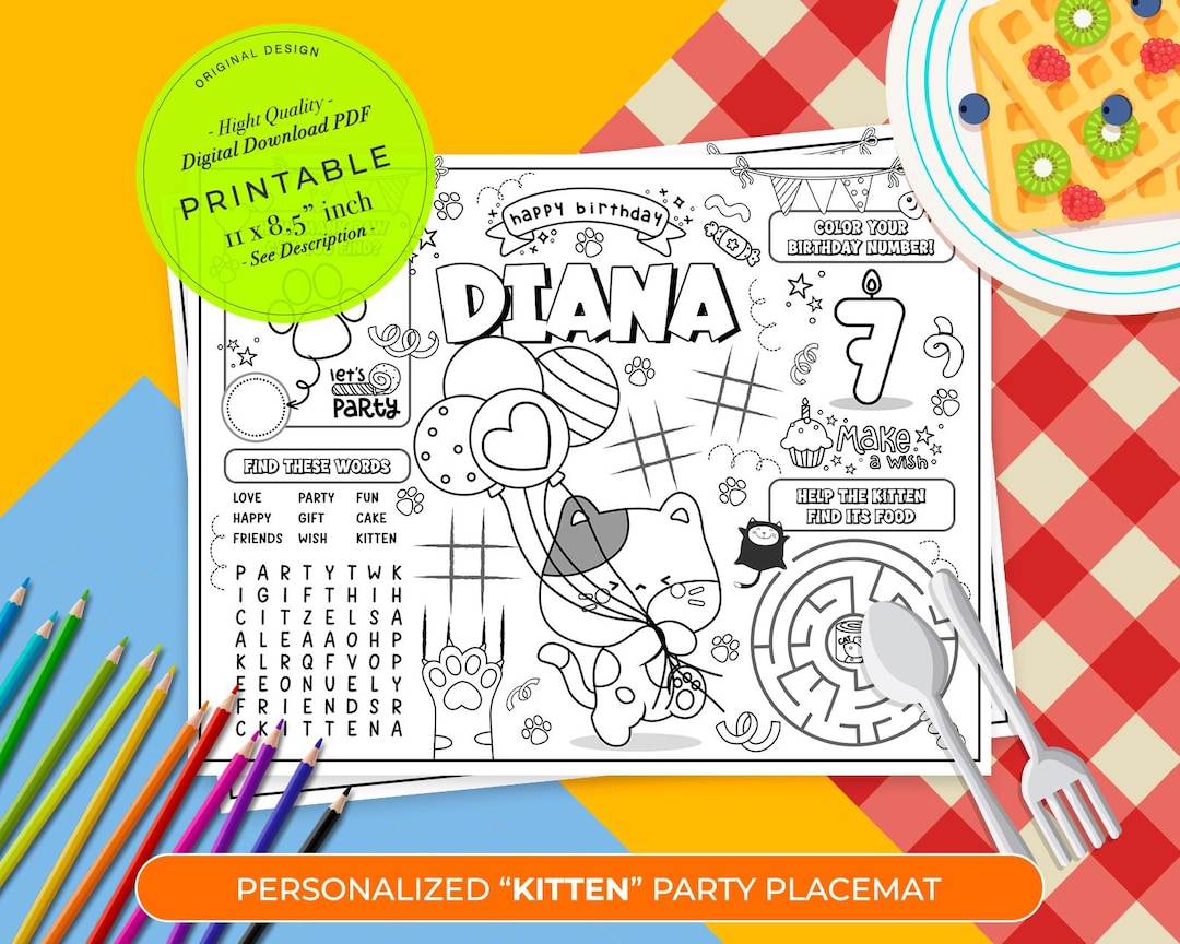 Kitten Placemat for Birthday | Cat Party Activity | Kids Coloring Page ...