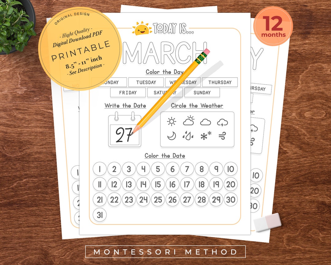 12 Printable Preschool Calendar Worksheet Pages, Monthly Digital ...