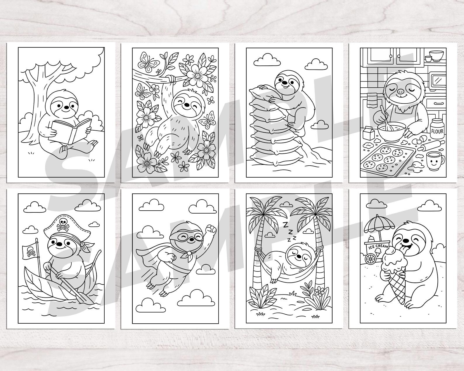 Cute Sloths Coloring Pages, Bold and Easy Digital Download for Kids ...