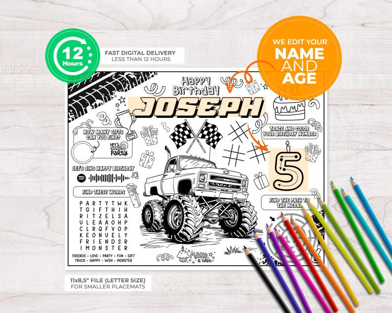 Hot Monster Truck Party Placemat | Wheels Activity Sheet | Hot Race ...