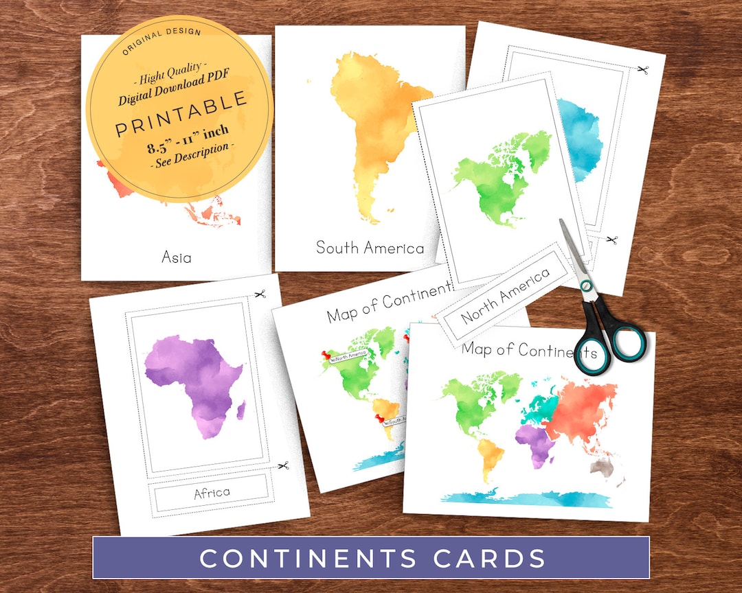 Montessori Continents Cards, Geography Cards, World Map Printable ...