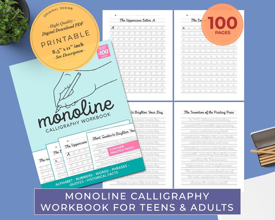 Cursive Monoline Hand Lettering Style Practice Worksheet, Calligraphy ...