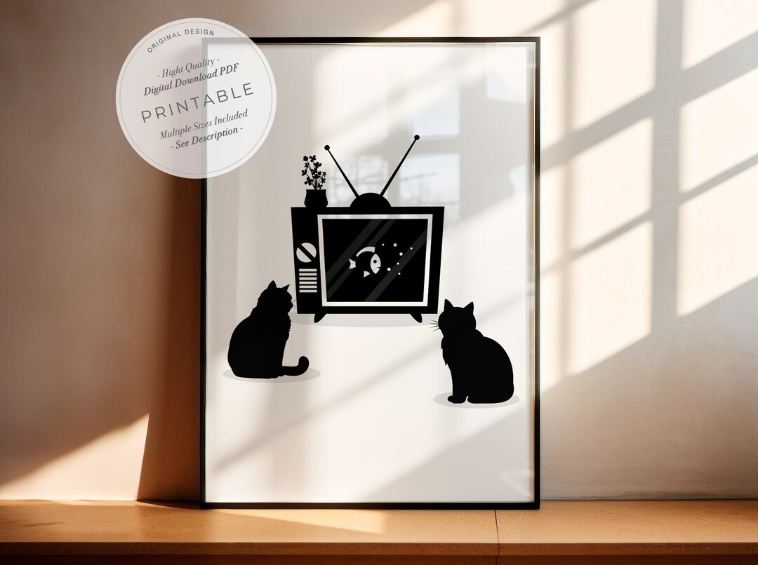 Black Cat Printable, Black Cats Prints, Retro Tv Printable, Cat ...