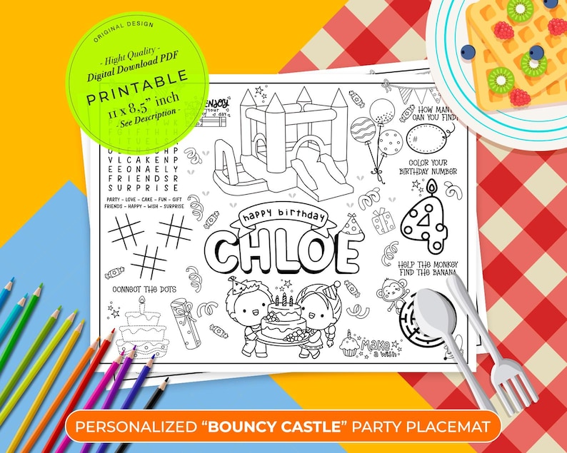 Birthday Coloring Placemat | Bouncy Castle Kids | Birthday Party ...