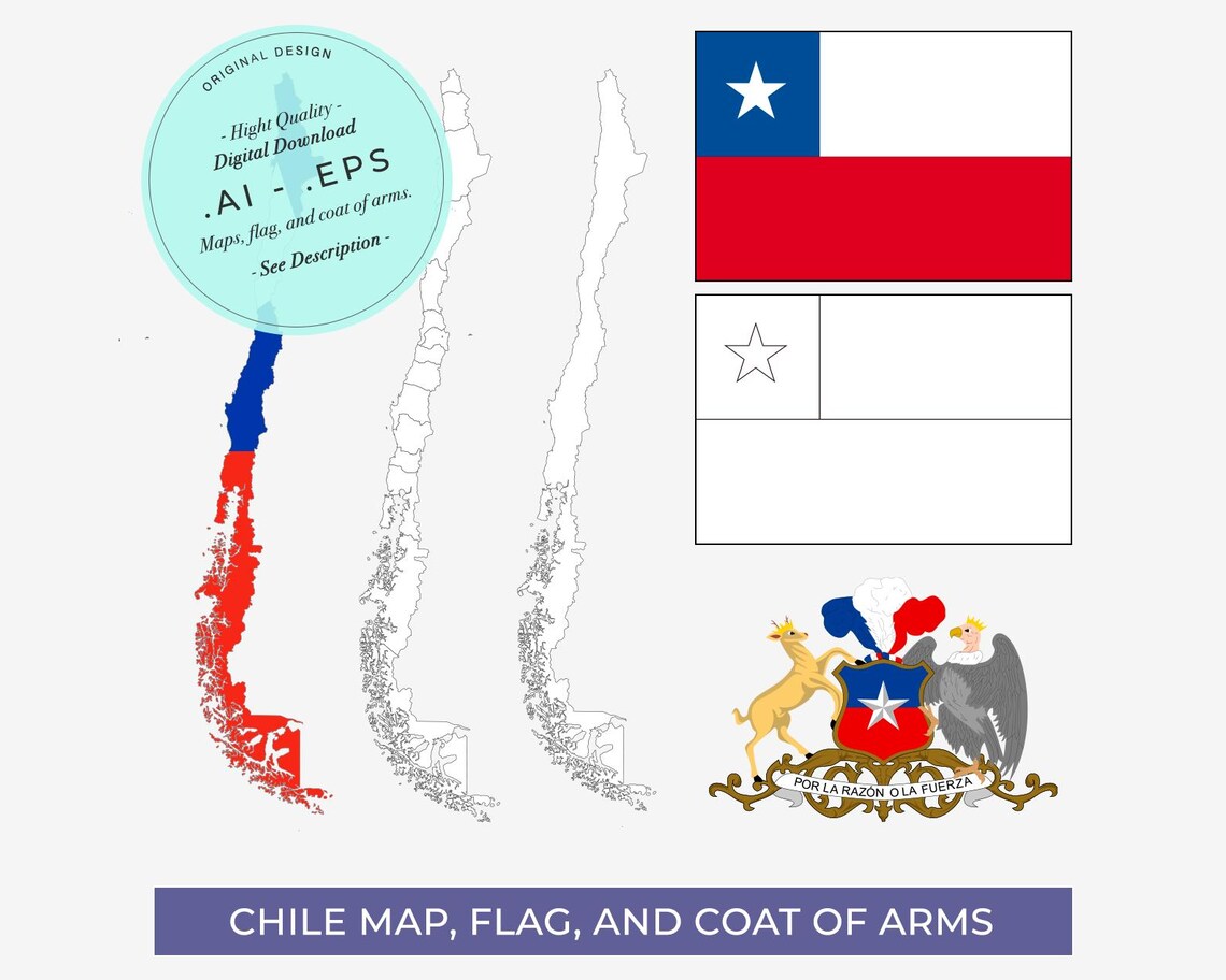 Chile Map | Chile Flag | Chile Coat of Arms | Chilean Flag | Vector Map ...