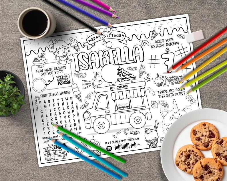 Ice Cream Birthday Party Coloring Placemat, Printable Ice Cream Truck ...