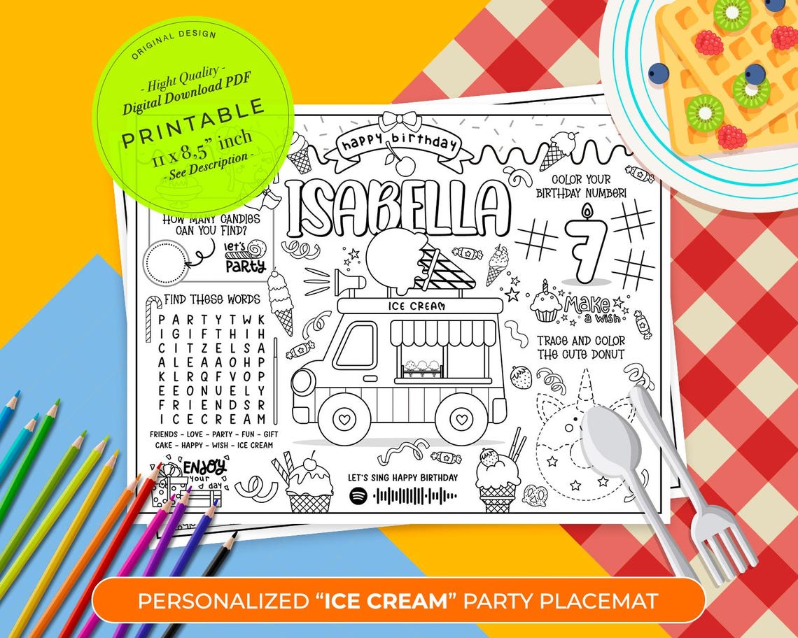 Ice Cream Birthday Party Coloring Placemat, Printable Ice Cream Truck ...