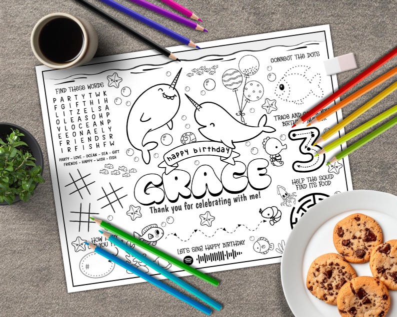 Narwhal Theme Birthday Activity Sheet | Narwhal Theme Party Favor ...