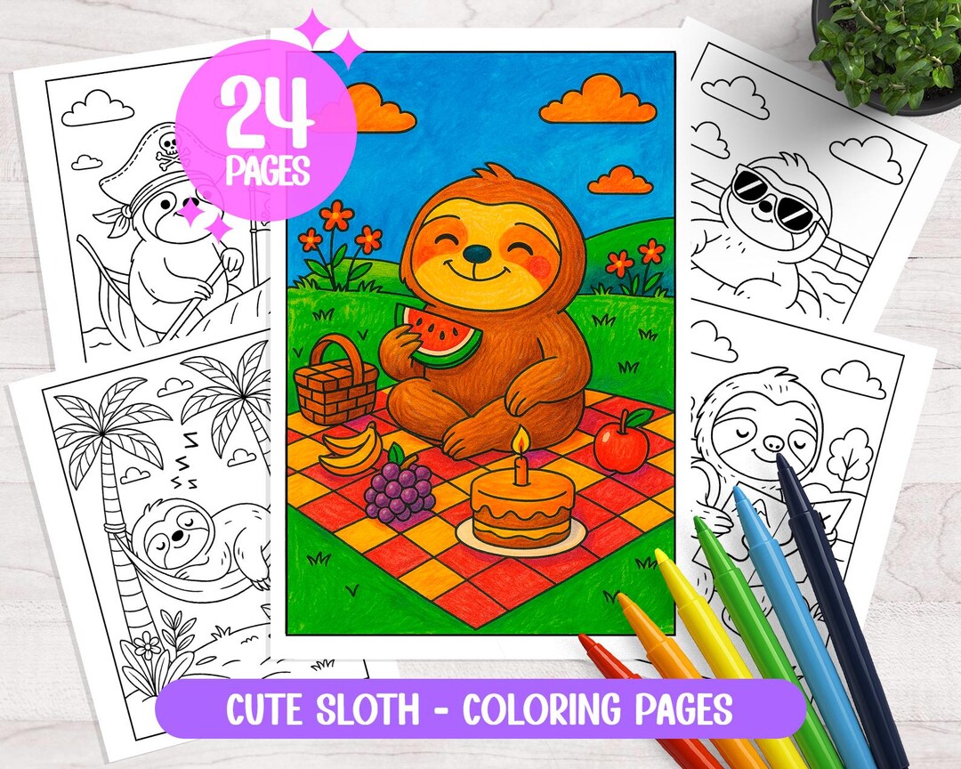 Cute Sloths Coloring Pages, Bold and Easy Digital Download for Kids ...