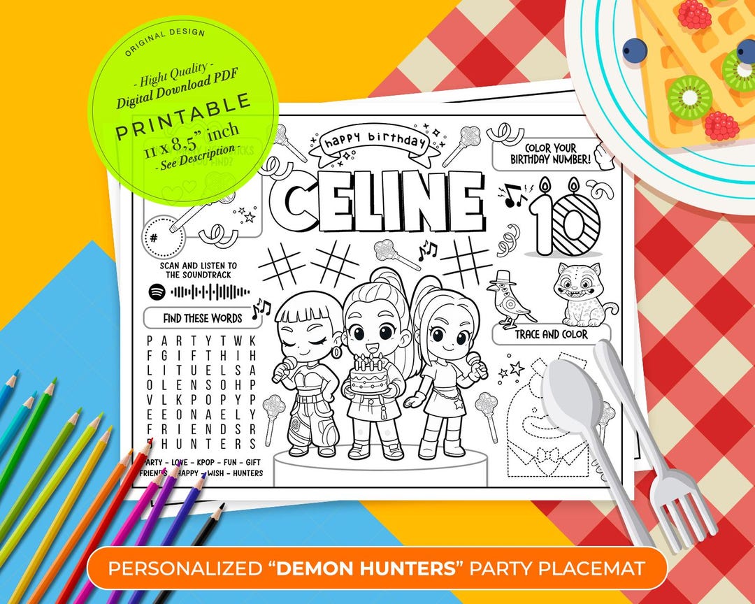 DEMON HUNTERS Birthday Placemat | Party Placemat | Party Activity Sheet ...