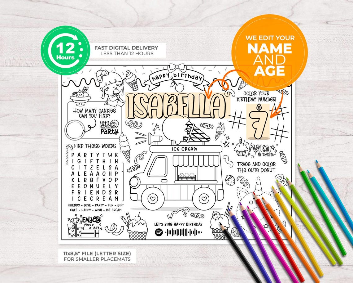 Ice Cream Birthday Party Coloring Placemat, Printable Ice Cream Truck ...