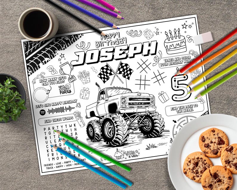 Hot Monster Truck Party Placemat | Wheels Activity Sheet | Hot Race ...