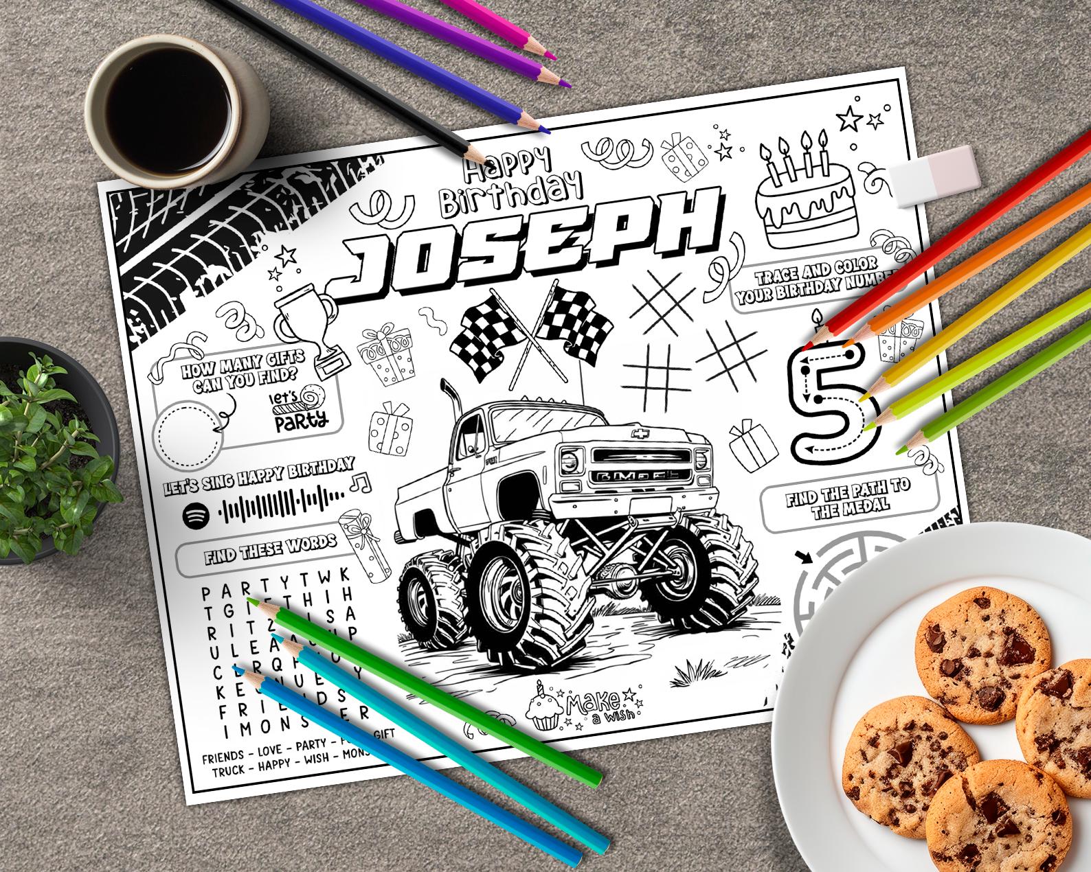 Hot Monster Truck Party Placemat | Wheels Activity Sheet | Hot Race ...
