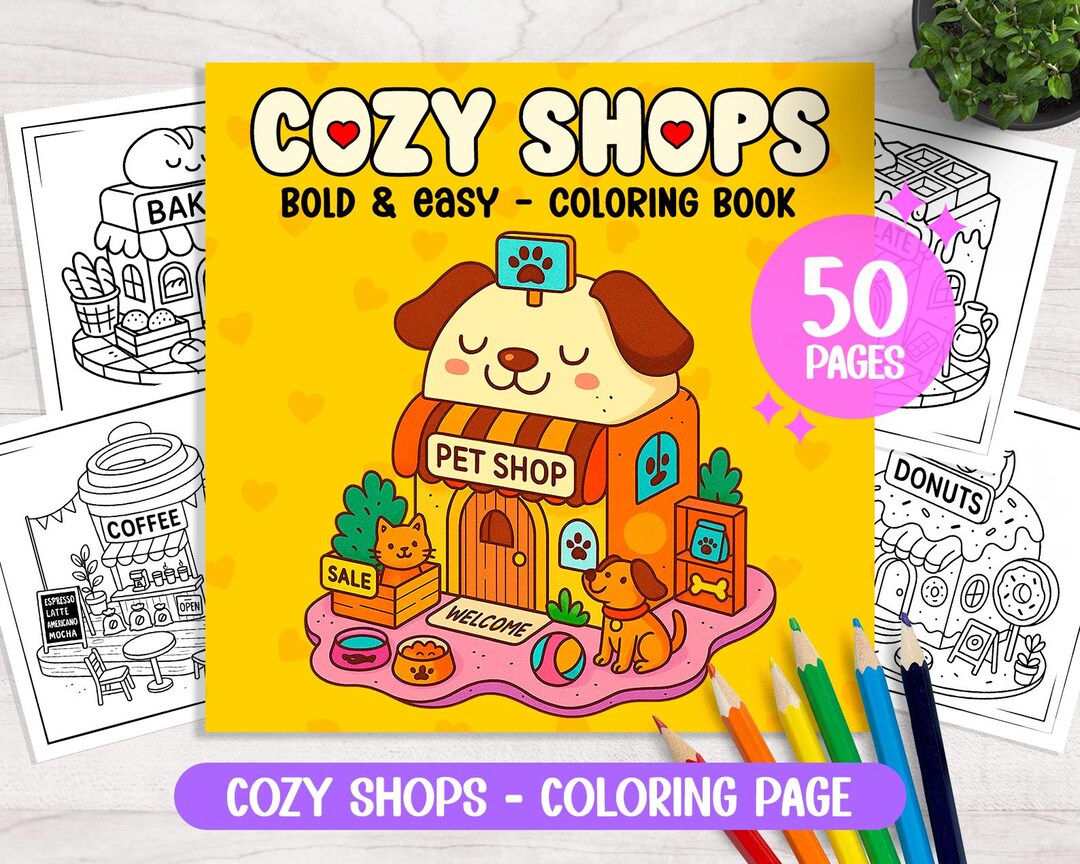 50 Cozy Shops Coloring Pages, Cute Corner Shop Coloring Book, Cute Tiny ...