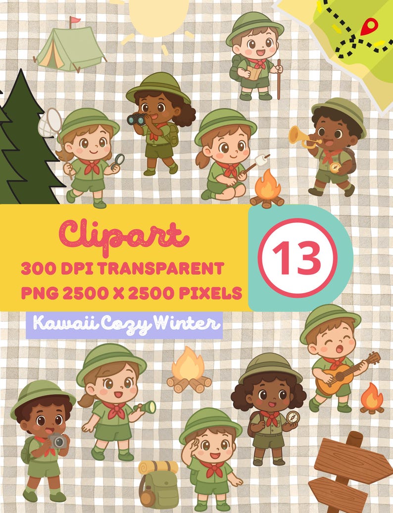 Kawaii Scout Clipart Set – 13 Chibi Kids Camping & Adventure Icons ...