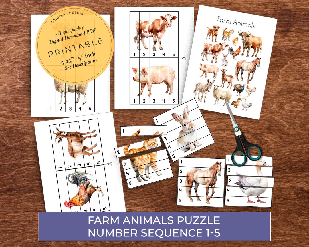 Farm Animals Puzzle Number Sequence 1-5, Montessori Toddler Printable ...