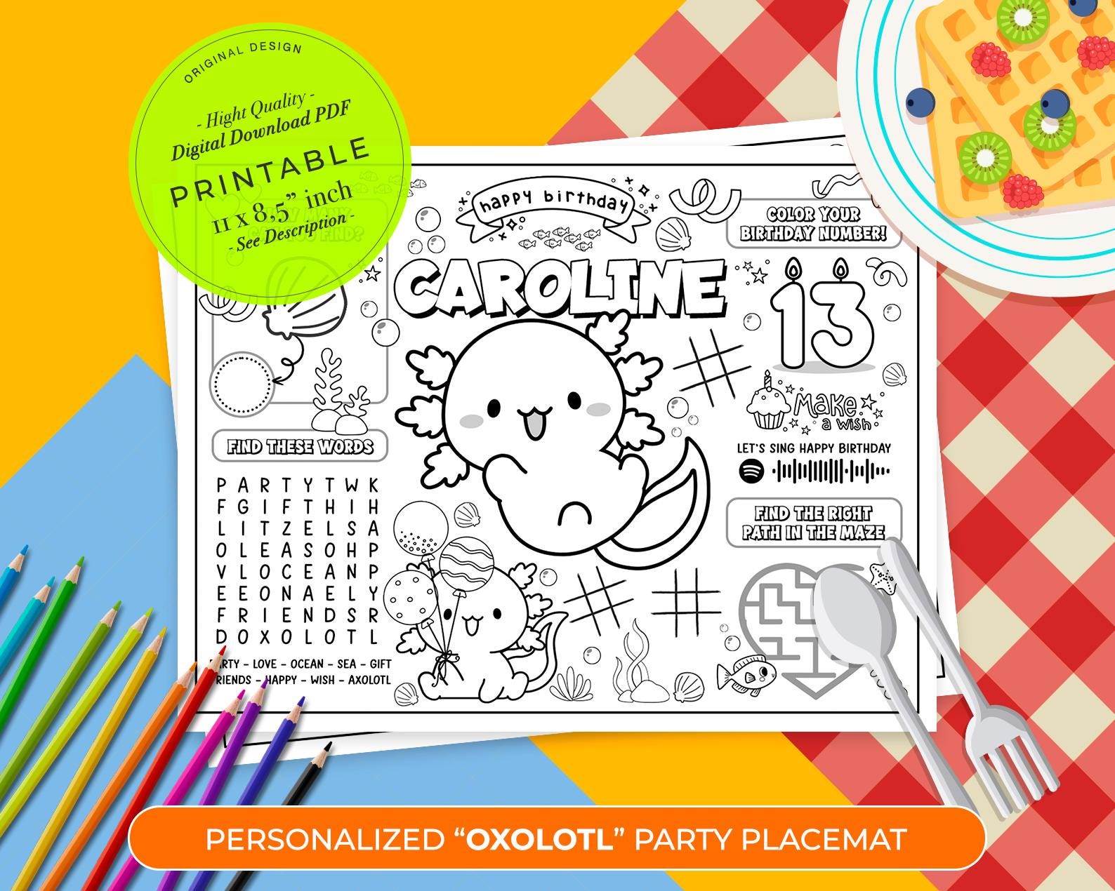 Axolotls Birthday Party Favor | Party Placemat | Axolotls Activity ...