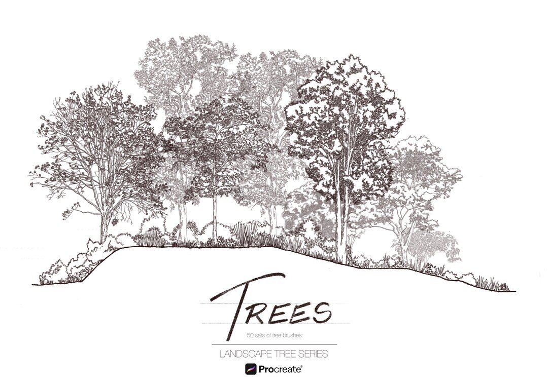 50 Trees Drawing Stamp Brush Set for Procreate : Landscape Tree Series ...