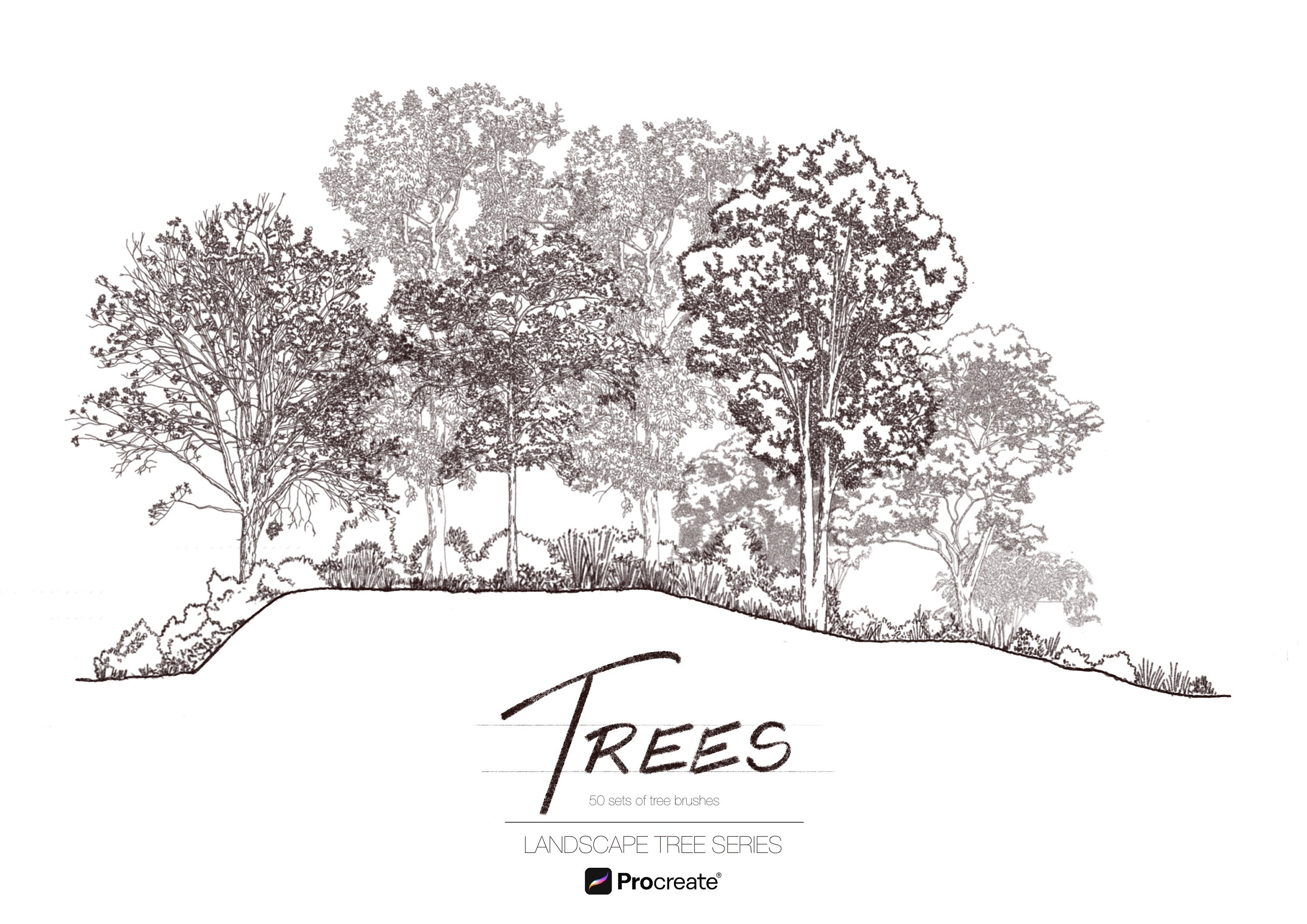 50 Trees Drawing Stamp Brush Set for Procreate : Landscape Tree Series ...