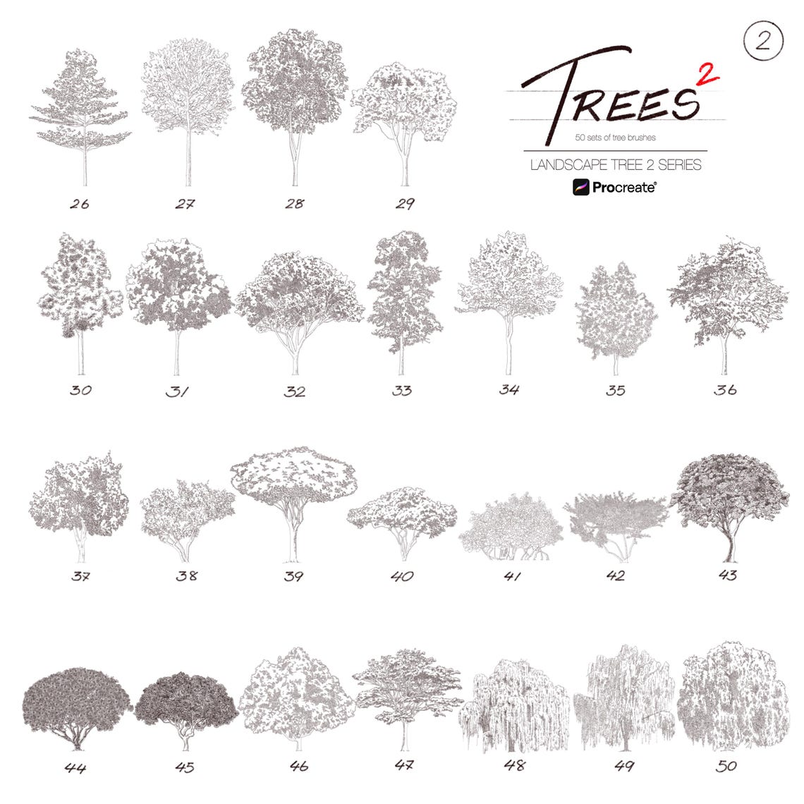 50 Trees Drawing Stamp Brush Set for Procreate Volume 2 : Landscape ...