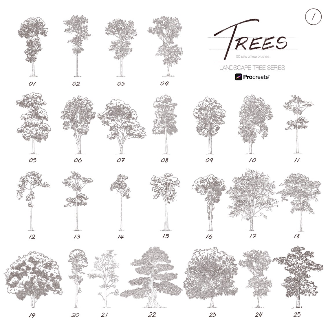 50 Trees Drawing Stamp Brush Set for Procreate : Landscape Tree Series ...