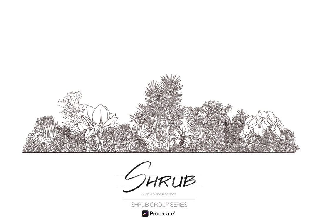 50 Bushes, Shrubs Group Drawing Stamp Brush for Procreate : Landscape ...