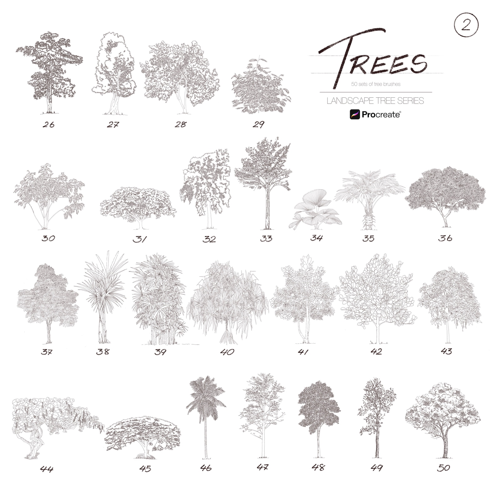 50 Trees Drawing Stamp Brush Set for Procreate : Landscape Tree Series ...