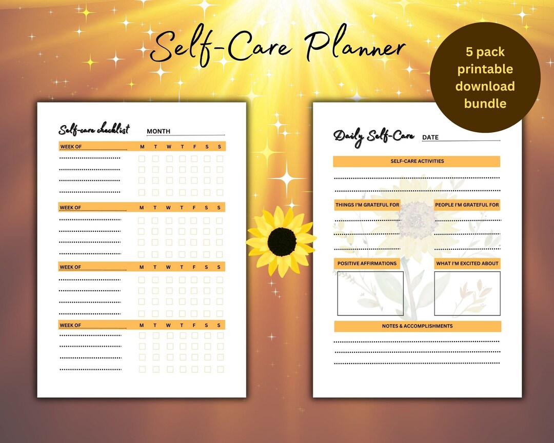 Sunflower Themed Self-care Planner Checklist for Well-being and Mental ...