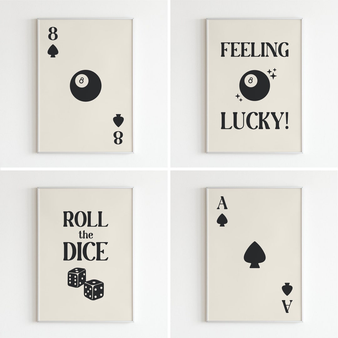 Set of 4 Playing Cards Digital Print - Wall Art Dice Lucky Ace 8-ball ...