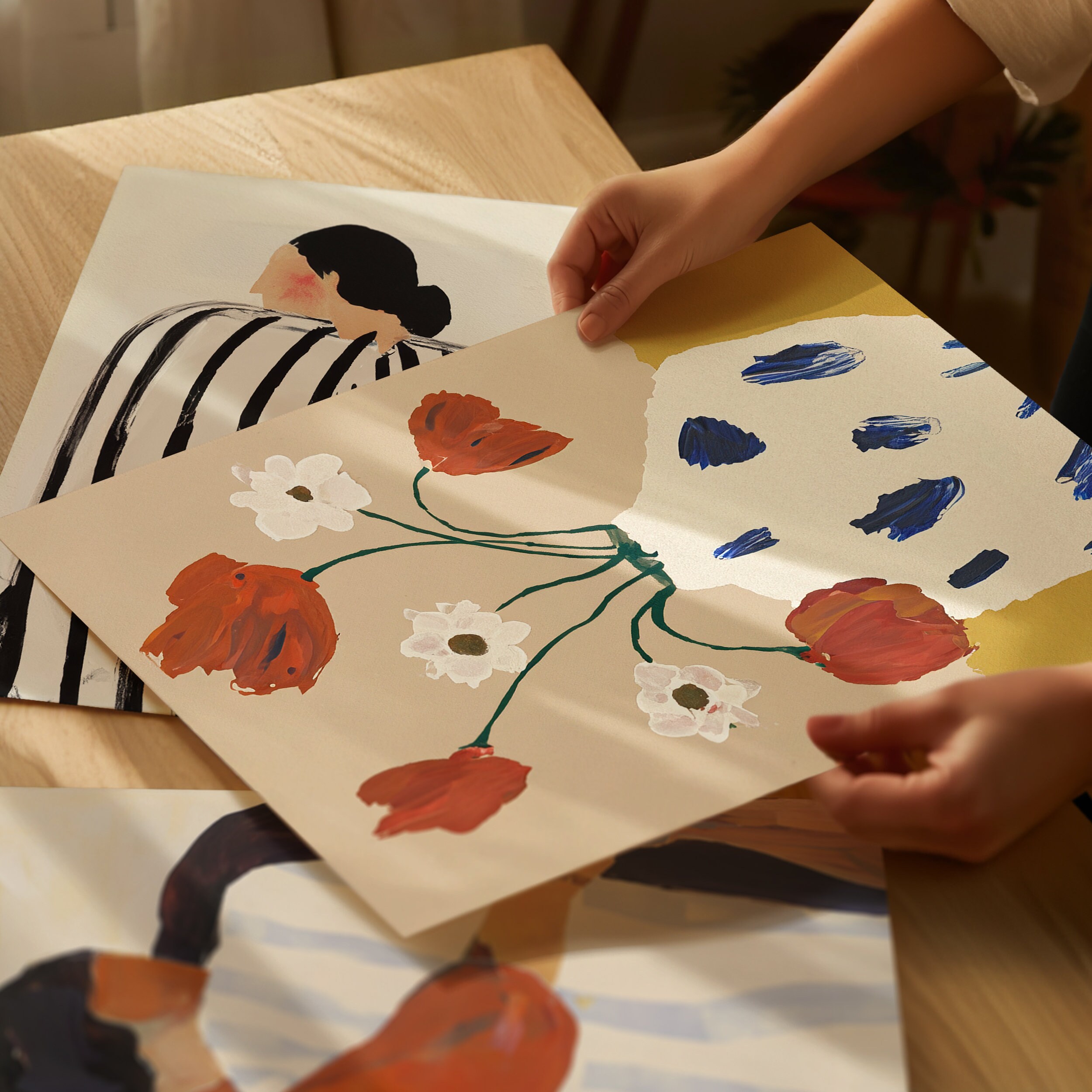 Poster Mockup With Person | 3 Posters Flatlay Flat Mockup | Close up ...