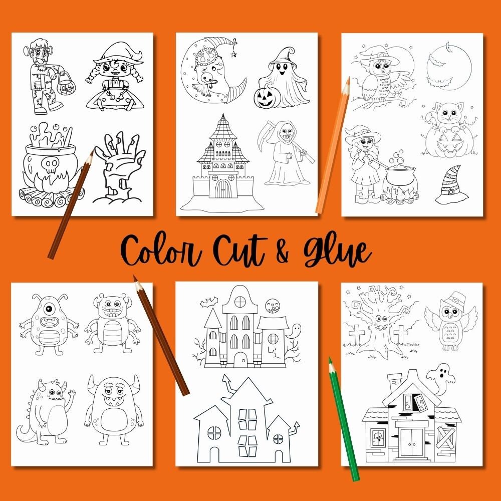 Color, Cut and Glue Activity for Kids, Halloween Coloring Pages ...