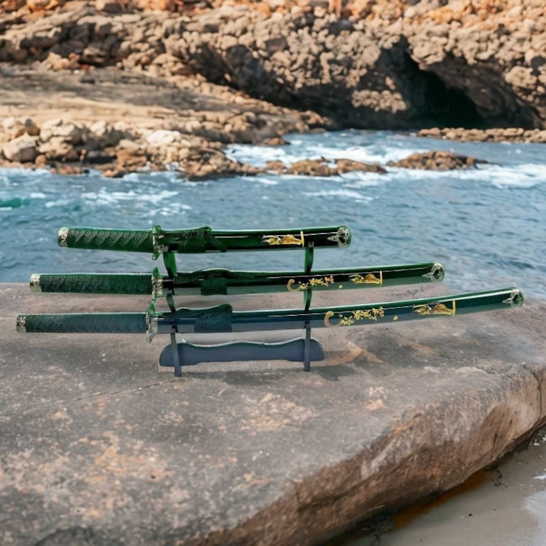 3pc Japanese Samurai Katana Sword Set With Sword Stand Engraved Black ...