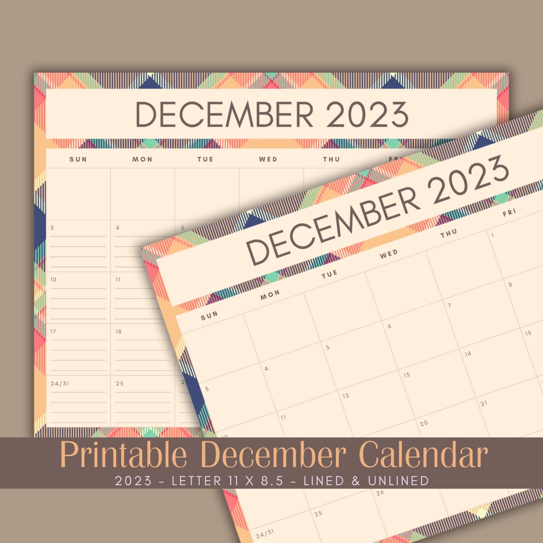 December 2023 Calendar Printable, Retro Plaid, Monthly Calendar ...