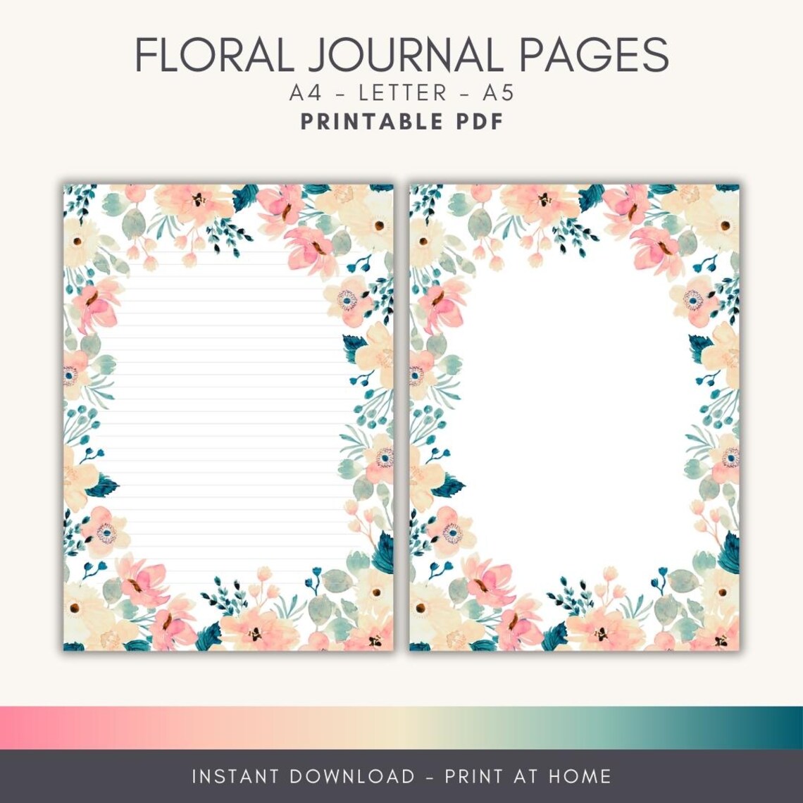 Printable Note Page Watercolor Floral, Lined Note Paper Printable ...