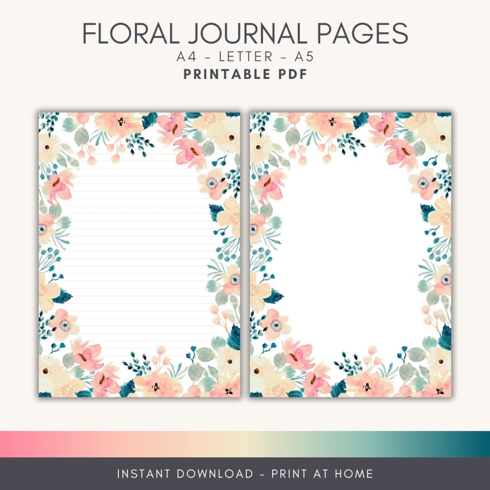 Printable Note Page Watercolor Floral, Lined Note Paper Printable ...