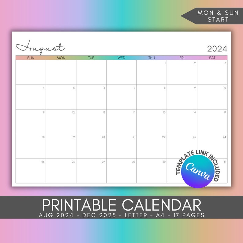 Colorful Calendar, Printable Rainbow Planner Template, Editable, A4 ...
