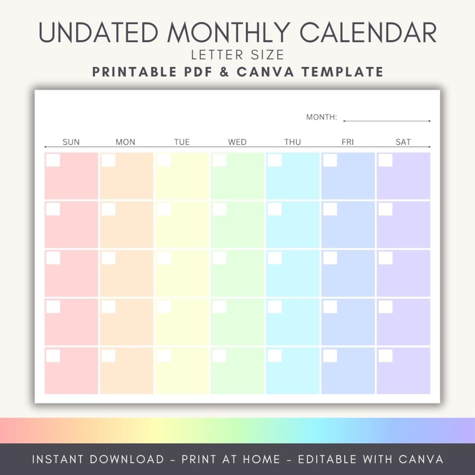 Pastel Rainbow Calendar, Canva Template, Printable Monthly Planner ...