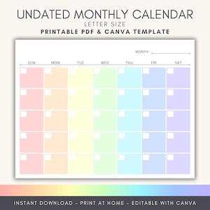 Pastel Rainbow Calendar, Canva Template, Printable Monthly Planner ...