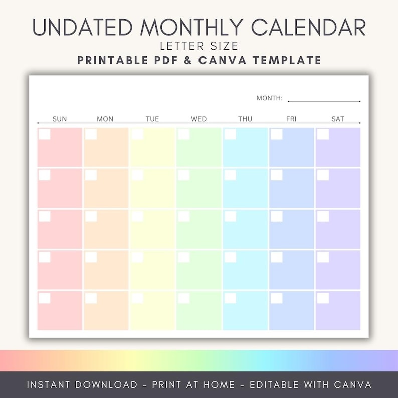 Pastel Rainbow Calendar, Canva Template, Printable Monthly Planner ...