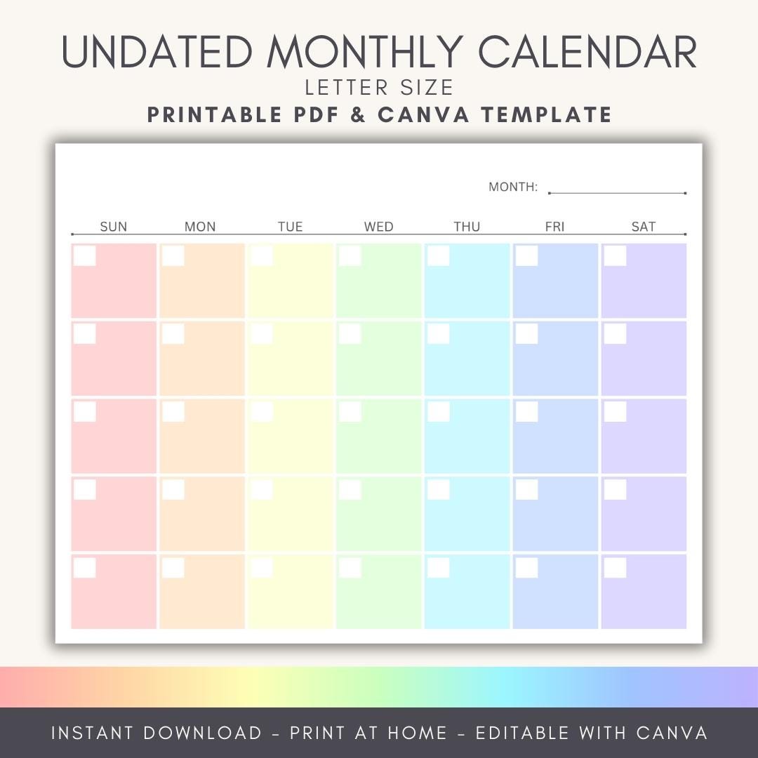 Pastel Rainbow Calendar, Canva Template, Printable Monthly Planner ...