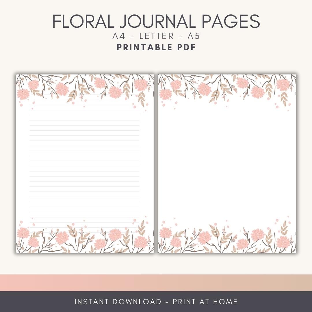 Pink Floral Note Paper Printable Stationery PDF Lined Note Paper A4 A5 ...