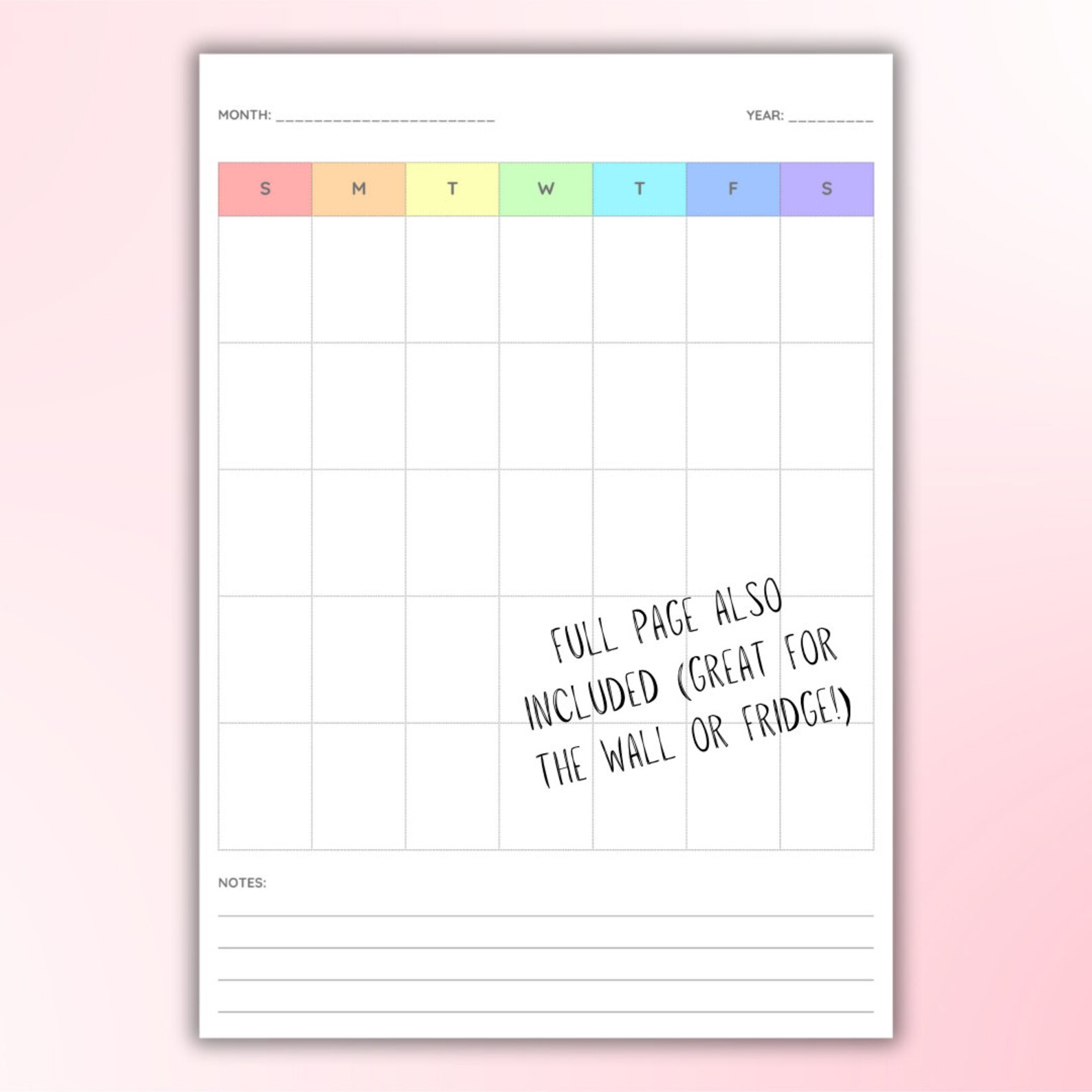 Printable Monthly Calendar, Rainbow A5 Planner Inserts, Portrait ...