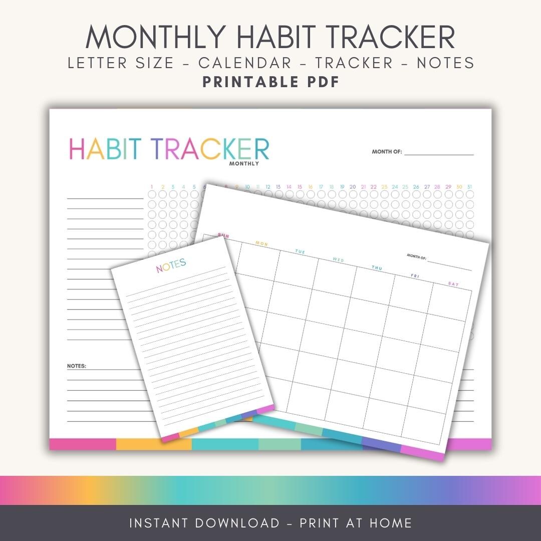 Monthly Habit Tracker, Printable Blank Calendar, Colorful Lined Note ...