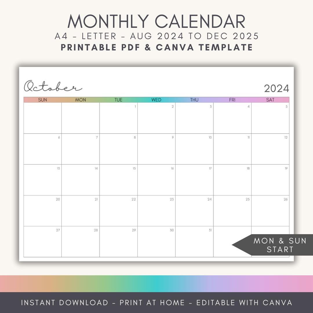 Colorful Calendar, Printable Rainbow Planner Template, Editable, A4 ...